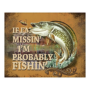 If I'm Missin I'm Probably Fishin - Coastal Wall Art, Typographic Fish Theme Wall Decor Print Is Ideal For Home Decor, Bedroom Wall Art, Great House Decor, Perfect Office Decor, Unframed - 10x8
