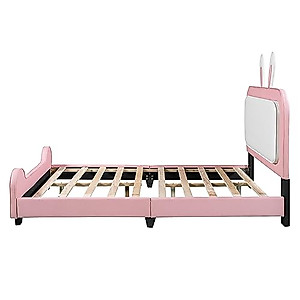 YSWH Full Size Upholstered Rabbit Shaped Princess Bed, Wood Platform Bed Frame with Bunny Ears Headboard and Bunny Tail Footboard, Kids Bedroom Furniture Fun Cute Rabbit Bed Pink Bed