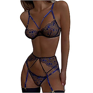 wodceeke Women Sexy Suspender Lace Split Plus Size Lingerie Embroidered Bandage Pajamas Bodysuit With Garter Belt (Blue, M)