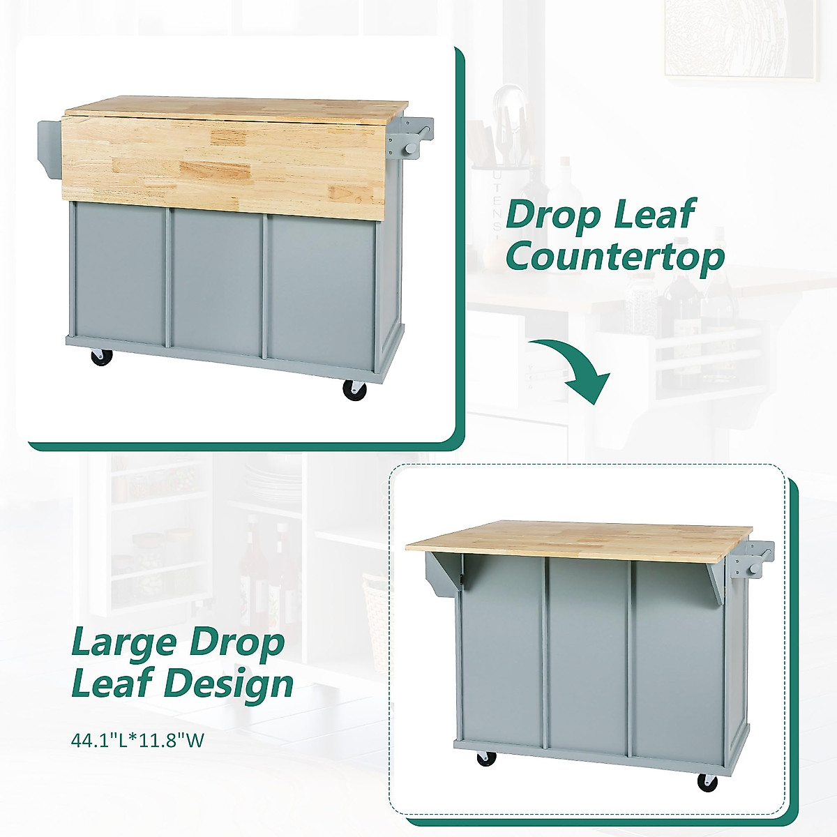 LUMISOL Kitchen Island with Drop Leaf, Rolling Kitchen Island Cart with Internal Storage Racks, Wood Kitchen Island on Wheels with Drawers, Spice Rack & Towel Rack, for Kitchen, Gray Blue