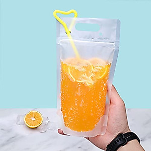 Cenbee Disposable No Leak Drink Container Set ,Hand-Held Party Drink Pouch Bags wine Bag with Straw Duty Translucent Reclosable Smoothie Juice Pouches for Party Adult for Cold & Hot Drinks 60pcs
