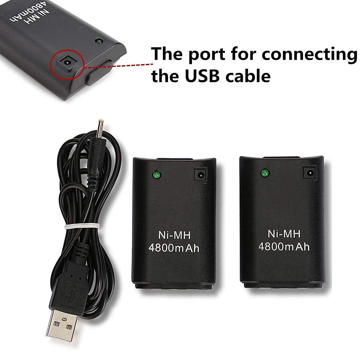 CICMOD Battery Pack for Xbox 360 Remote Controller 2pcs Ni-MH Rechargeable Batteries USB Cable Black