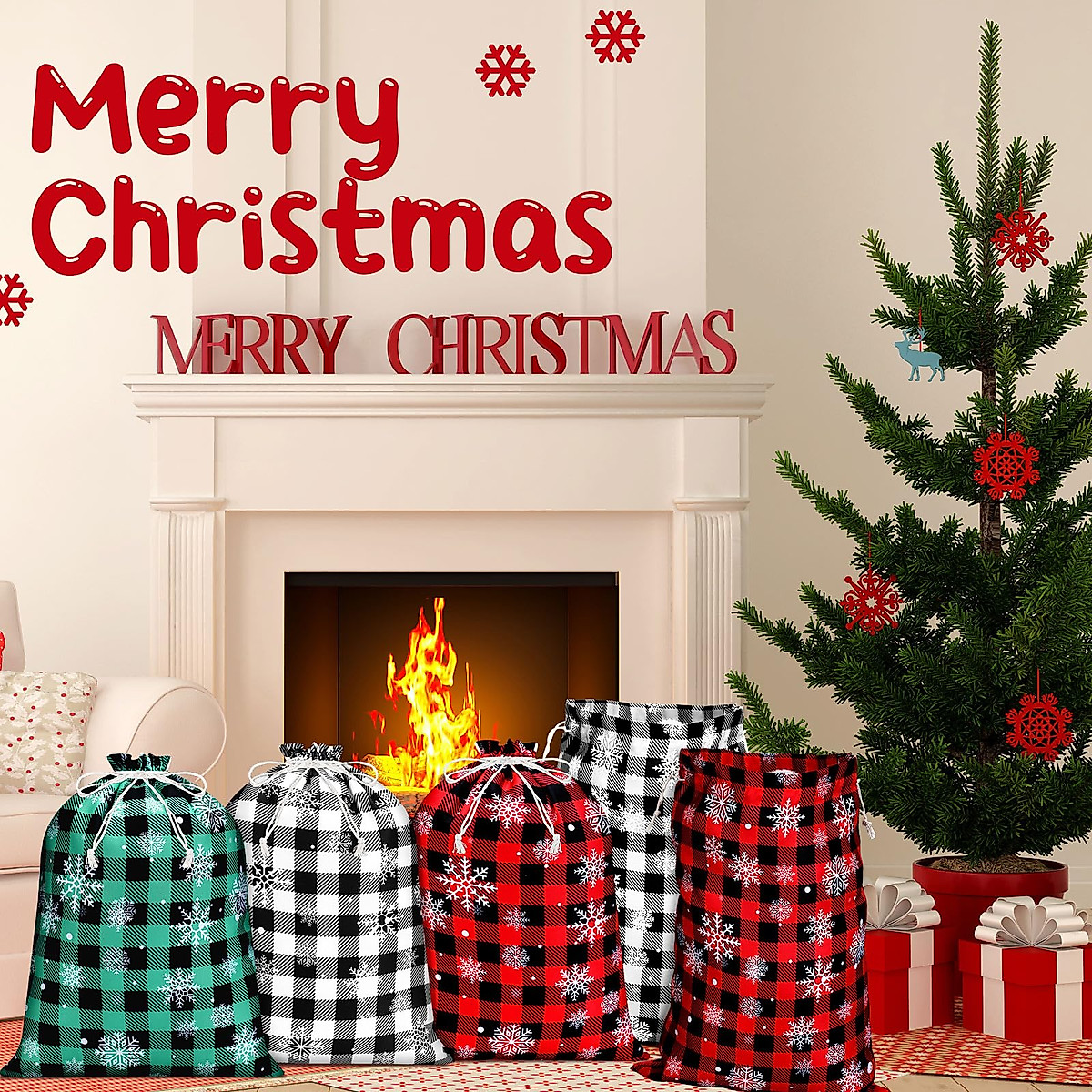 Shappy 10 Pcs Christmas Buffalo Plaid Drawstring Bags Drawstring Gift Bags Large Sacks Xmas Wrapping Bags Cotton Drawstring Bags Sack for Party Favors Candies (Red, Green, Black,12 x 16 Inch)