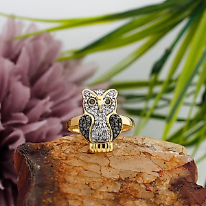 AFFY 1/4 Carat Round Cut Black And White Natural Diamond Owl Ring In 14K Yellow Gold Over Sterling Silver (0.25 Cttw, I2-I3 Clarity) Ring Size-8