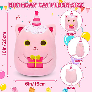 Leokawin Birthday Plush Pillow,Birthday Cat Stuffed Animal Toy,Cute Pinks Cat Stuffed Animal with Gifts, Happy Birthday Cat Plush Toy,Soft Cat Plushie Birthday Gifts for Kids Girl