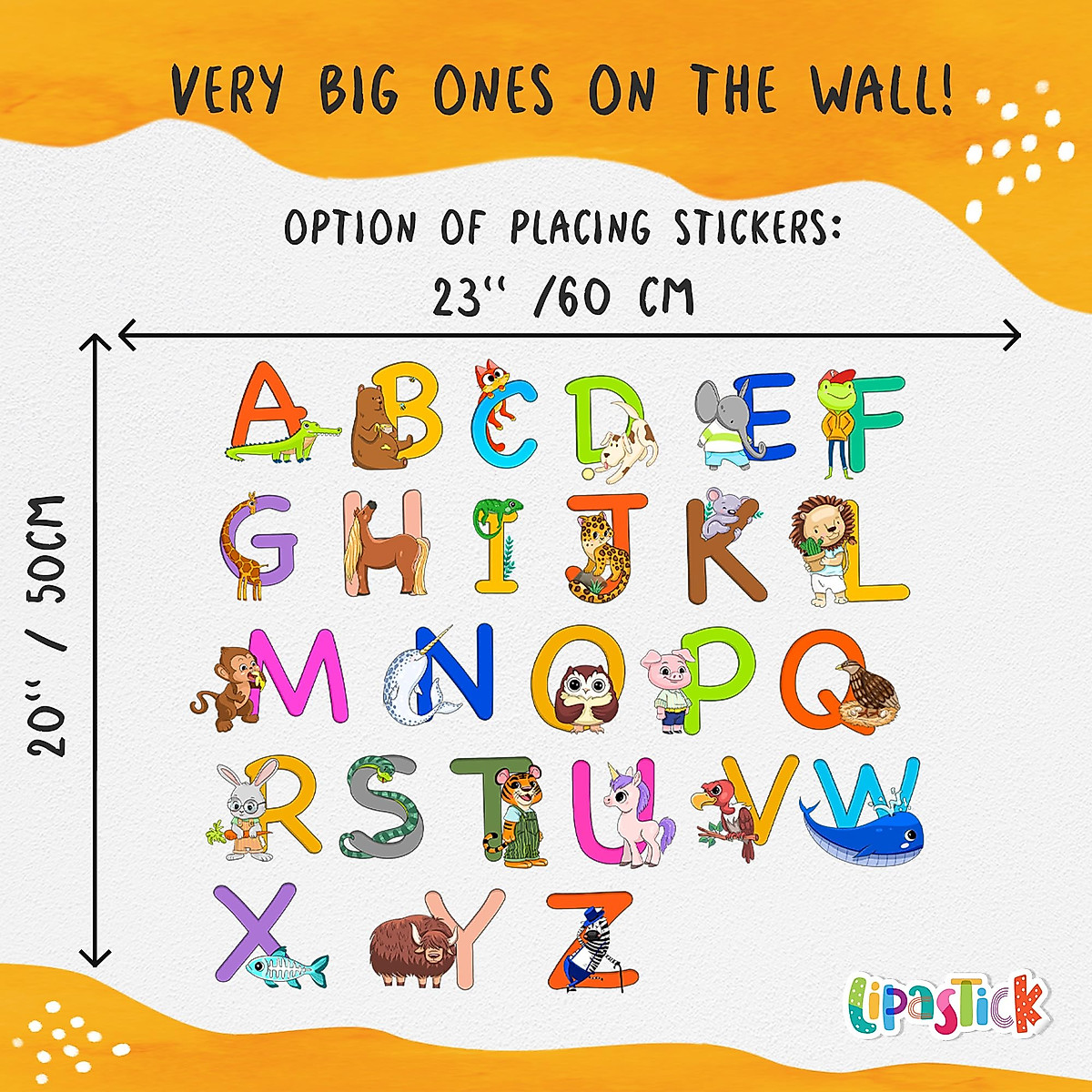 ABC Educational Wall Stickers for Kids - Animal Alphabet Wall Decals by Lipastick - Letters Wall Decals for Bedroom Girls Boys Baby Room Decoration Nursery Removable Wall Decals Peel and Stick