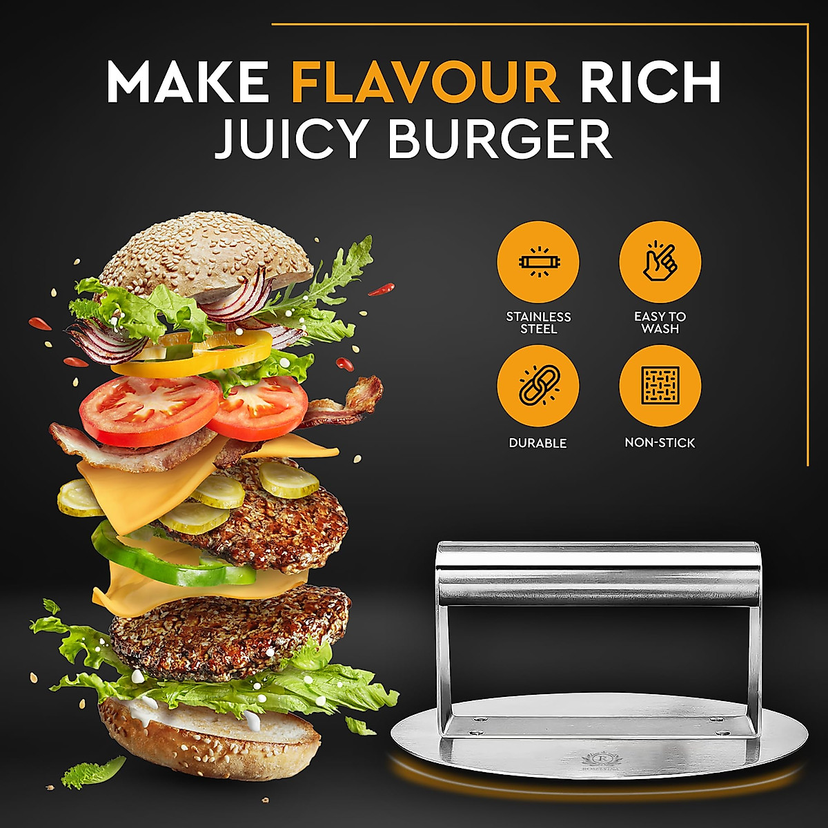 ROSELYINA 6.2 Inch Stainless Steel Heavy-Duty Round Smash Burger Press, Hamburger Press/Burger Smasher for Griddle, Perfect for Flat Top Grill Press, Rust-Free Easy Clean.