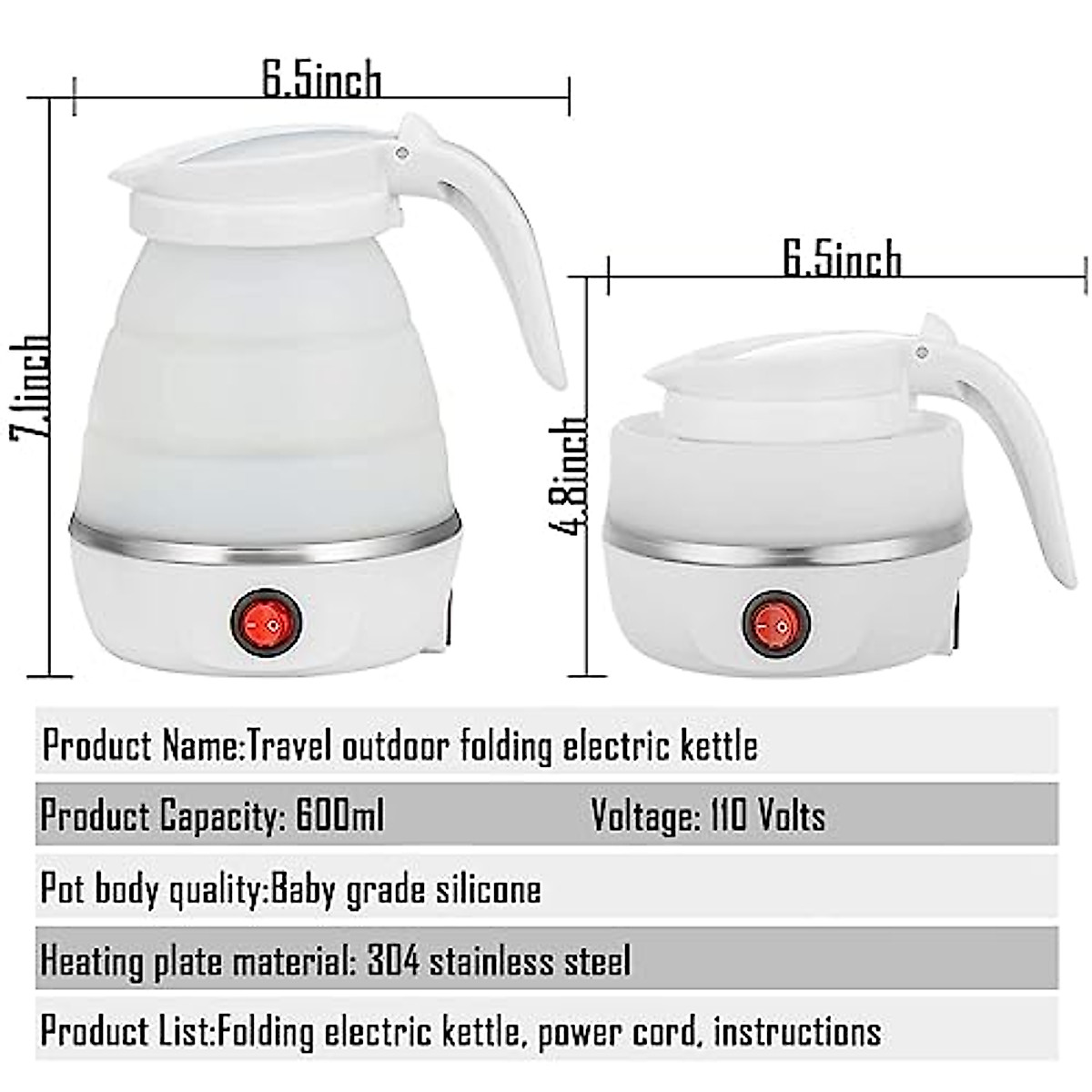 Foldable Electric Travel Kettle - Portable and Convenient Silicone Collapsible Water Boiler and Tea Pot for Camping - Easy Storage with Detachable Power Cord （White）