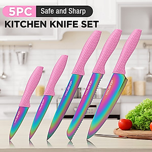 HAUSHOF Kitchen Knife Set, 5 PCS Rainbow Knife Sets with Arcylic Block, Titanium Coated Pink Knives Set for Kitchen, Stainless Steel Knives Set with Ergonomic Handle, Great for Slicing, Dicing&Cutting