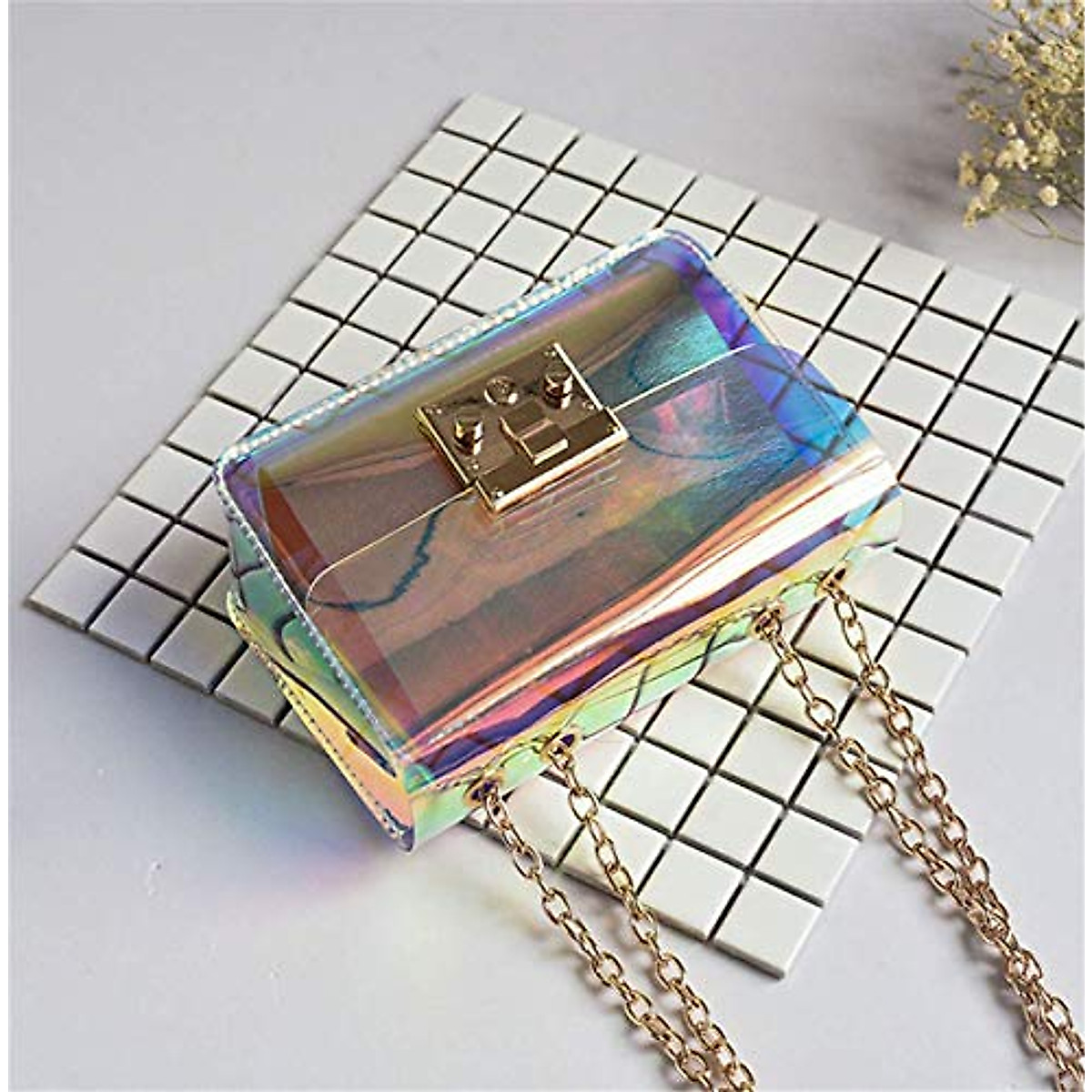 Iridescent Purse Holographic Bag Chain Crossbody Messenger Bag Evening Clutch for Women and Girls (Style B)