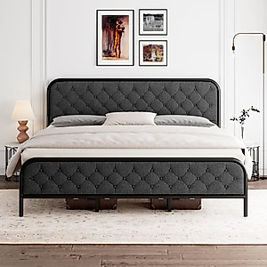 Feonase King Size Bed Frame with Linen Upholstered Headboard, Heavy Duty Metal Platform Bed with 12" Under-Bed Storage Space, No Box Spring Required, Easy to Assemble, Gray