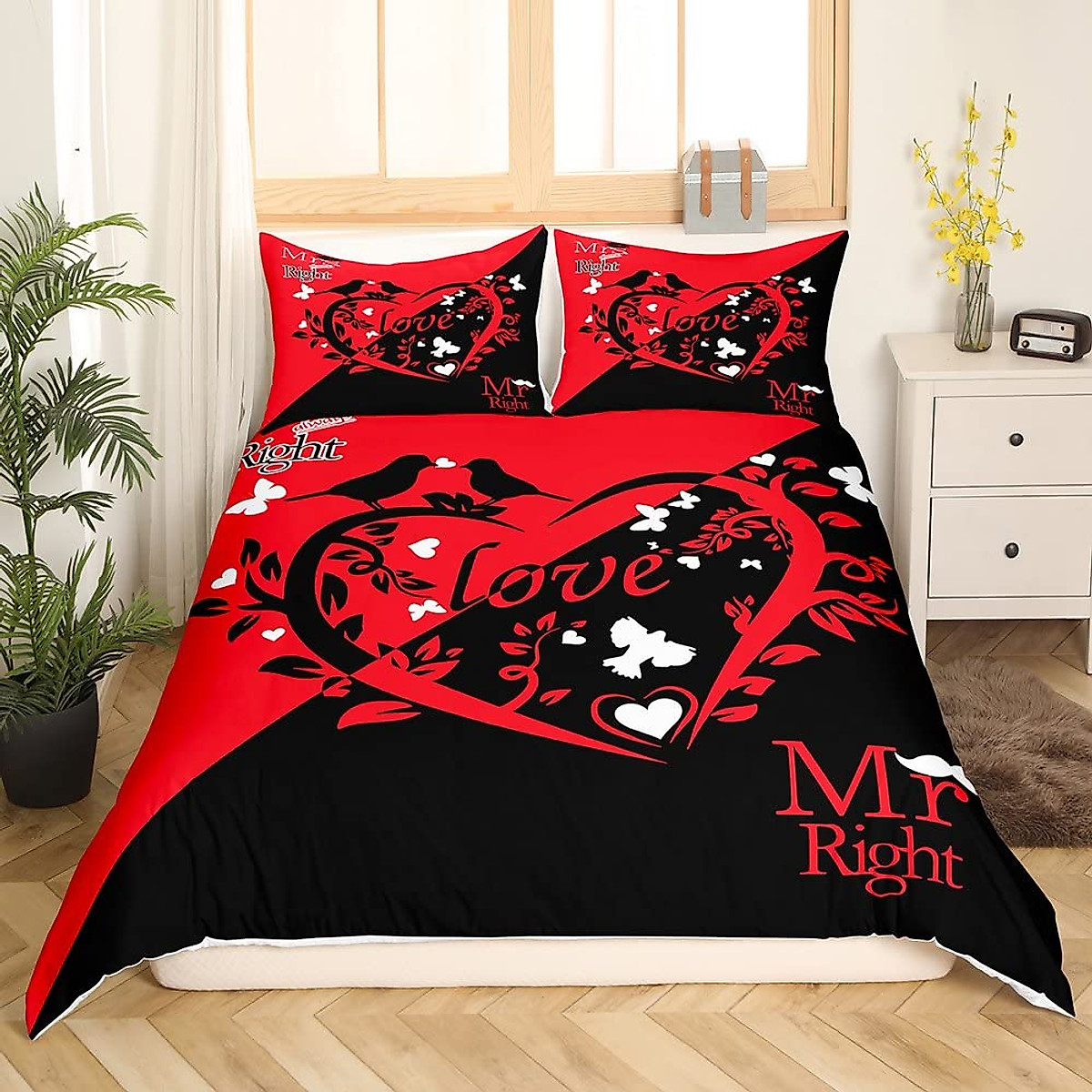 Mr Mrs Bedding Set Black Red Creative Funny Quotes Comforter Cover Couple Men Women Sexy Lip Mustache Duvet Cover Queen and King Romantic Wedding Themed Room Decor 3Pcs Queen Size (No Comforter)