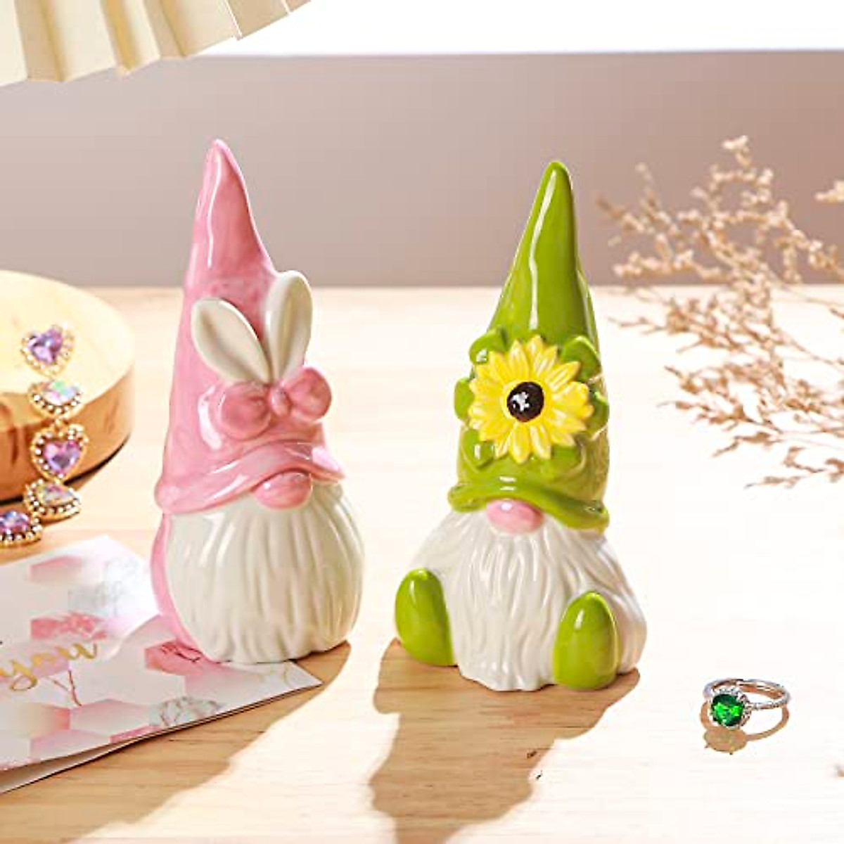 PUDDING CABIN Pink Bunny Gnome Figurine Ring Holder Ring Stand Ring Display Rings Organizer, Cute Gnome Decor for KitchenBathroom Bedroom Beside, Gnome Gifts for Women Girls Birthday, Easter Decor