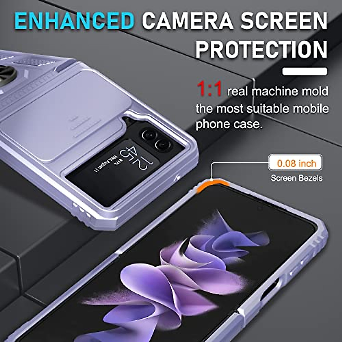 Janmitta Samsung Galaxy Z Flip 4 Case Built in Slide Camera Lens Cover+Hinge Protection+Finger Ring Stable Kickstand, Heavy Duty Shockproof Full Body Protective Phone Cover,2022 Girly Purple