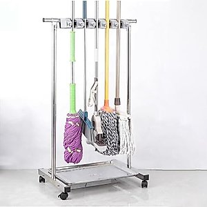 OMESDA Broom Holder Organizer, Movable Closet Storage Cabinet Mop Rack, Floor Standing Cleaning Supplies Tool Cart for Garden Garage