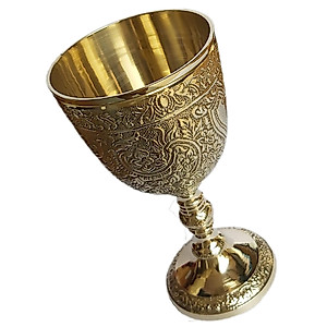 PARIJAT HANDICRAFT Brass royal chalice cup embossed brass flutes wine heavy goblet brass drinking glasses beverage tumbler cups for water juice milk beer ice tea and farmhouse decor