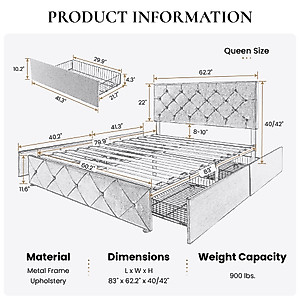 SHA CERLIN Upholstered Queen Platform Storage Bed Frame with 4 Drawers, Adjustable Headboard with Faux Leather Diamond Button Tufted Design, Wooden Slat Support, No Box Spring Needed, White