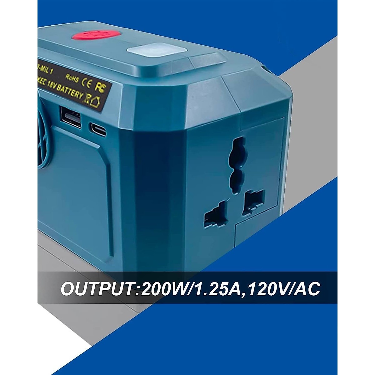 200W Power Inverter Generator Fit for Makita 18V Lithium Battery, DC 18V to AC 110V-120V Portable Power Station with Dual USB Outlet and AC Outlet and 200LM LED Light Battery Inverter