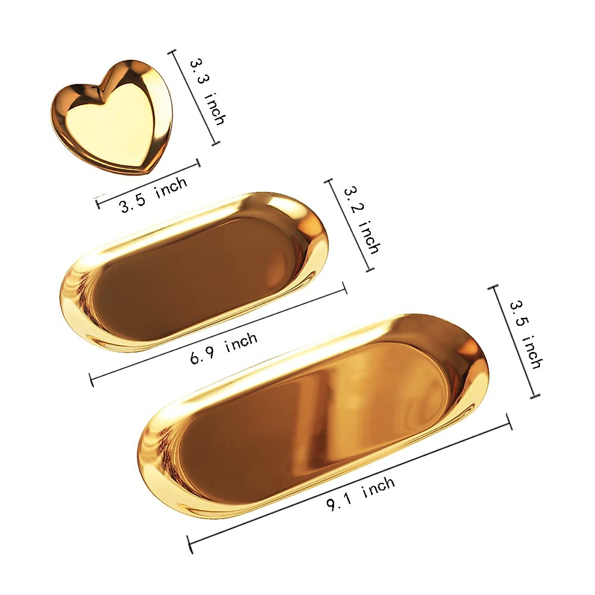 JKanruh 3 Pack 3 Sizes Gold Stainless Steel Towel Tray,Storage Tray,Tea Tray Fruit Trays,Decorative Tray,Jewelry Dish Cosmetics Organizer(Oval,Heart-Shaped)