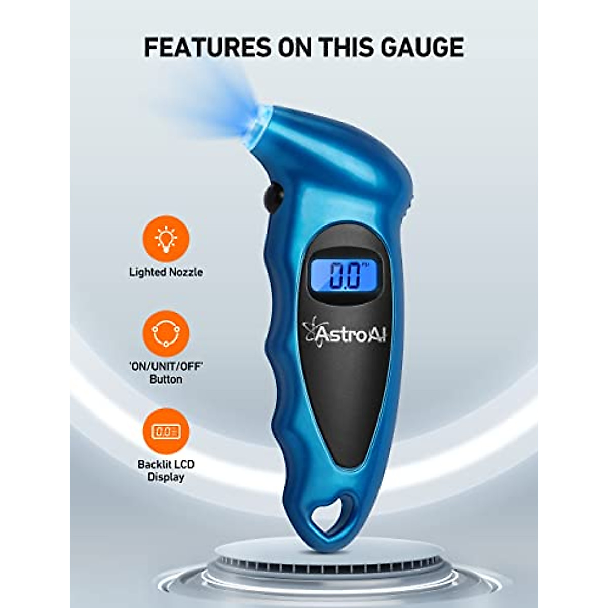 AstroAI Digital Tire Pressure Gauge 150 PSI 4 Settings for Car Truck Bicycle with Backlit LCD and Non-Slip Grip Car Accessories, Blue