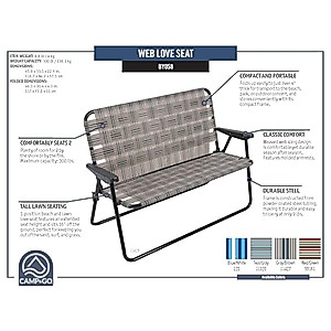 CAMP & GO High Seat Outdoor Double Wide Loveseat Web Folding Chair, Grey, 45.94" W x 22.63" D x 33.14" H