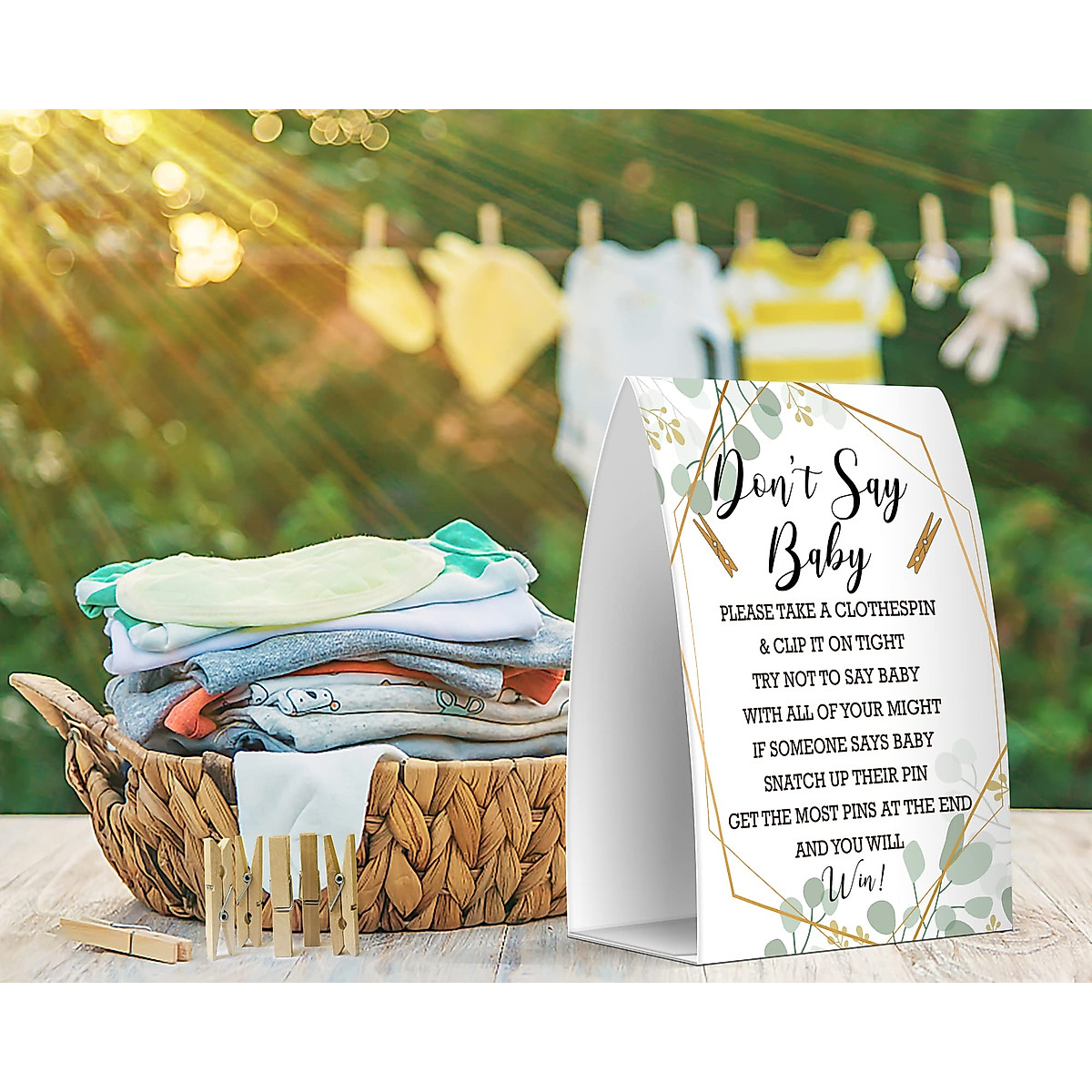 Don't Say Baby Set - One 5x7 Sign and 50 Mini Clothespins, Baby Shower Games, Baby Shower Decoration, Gender Neutral Baby Shower - MsJb010