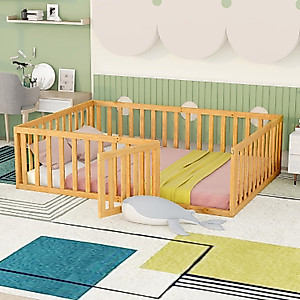 LLS Queen Size Floor Bed for Children, Durable Montessori Floor Bed with Safety Fence & Small Door, Wood Floor Bed Frame for Girls Boys and Teens, Natural(No Bed Slats)