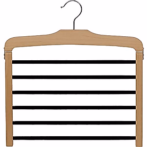 Wooden 6 Tier Pant Hanger w/ Black Velvet Non-Slip Bars, Box of 1 Wood Bottom Hanger w/ Natural Finish and Chrome Swivel Hook for Jeans Slacks or Trouser by The Great American Hanger Company