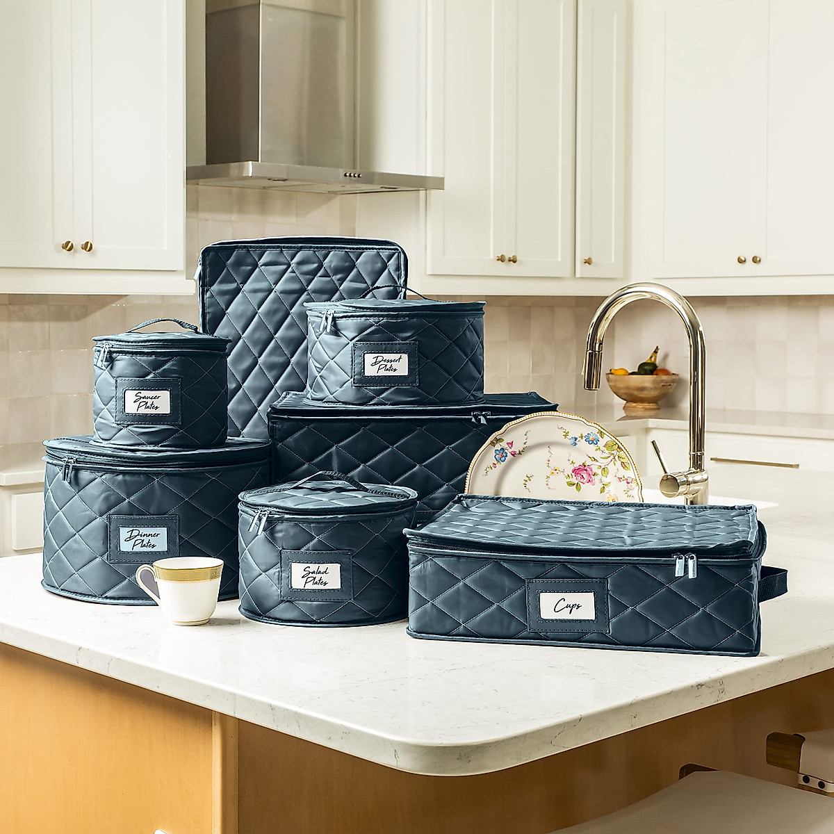Teemto China Storage Containers Quilted. 7PC Dishes Storage Kit with 48 Cut-to-Size Felt Inners. Fine China Storage, Plate Platter Storage, Glass and Dish Storage, Crystal Stemware, Moving Supplies