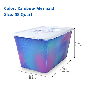 SIMPLYKLEEN 4-Packs 58-QT Plastic Storage Bins with Rainbow Mermaid Print Lids, Stackable Storage Container, Large Storage Totes for Organizing Closet, Kitchen, Made in the USA