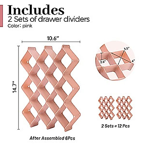 Honeycomb Drawer Organizer for Underwear, Roufa Drawer Divider Separator for Women Men, Dresser Drawer Organizers for Belts, Ties, Clothing, Makeup, Medicine, Office Supplies (2 Sets of Pink, 46 Slots)