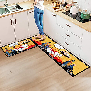 FAMIFIRST Kitchen Rug 2 Piece Non Slip Kitchen Mat Latex Backing Door Mat Floor Mat Kitchen Decor Set, 16''x47''+16''x23'', Noodle Chef