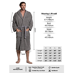 Turkuoise Men 's Turkish Terry Cloth Robe, Thick Hooded Bathrobe Black, Medium