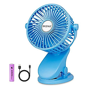 BRIGENIUS Clip on Stroller Fan, Battery Operated Portable Mini Desk Fan Rechargeable, USB Powered Clip Fan for Baby Stroller Office Outdoor Travel, Blue