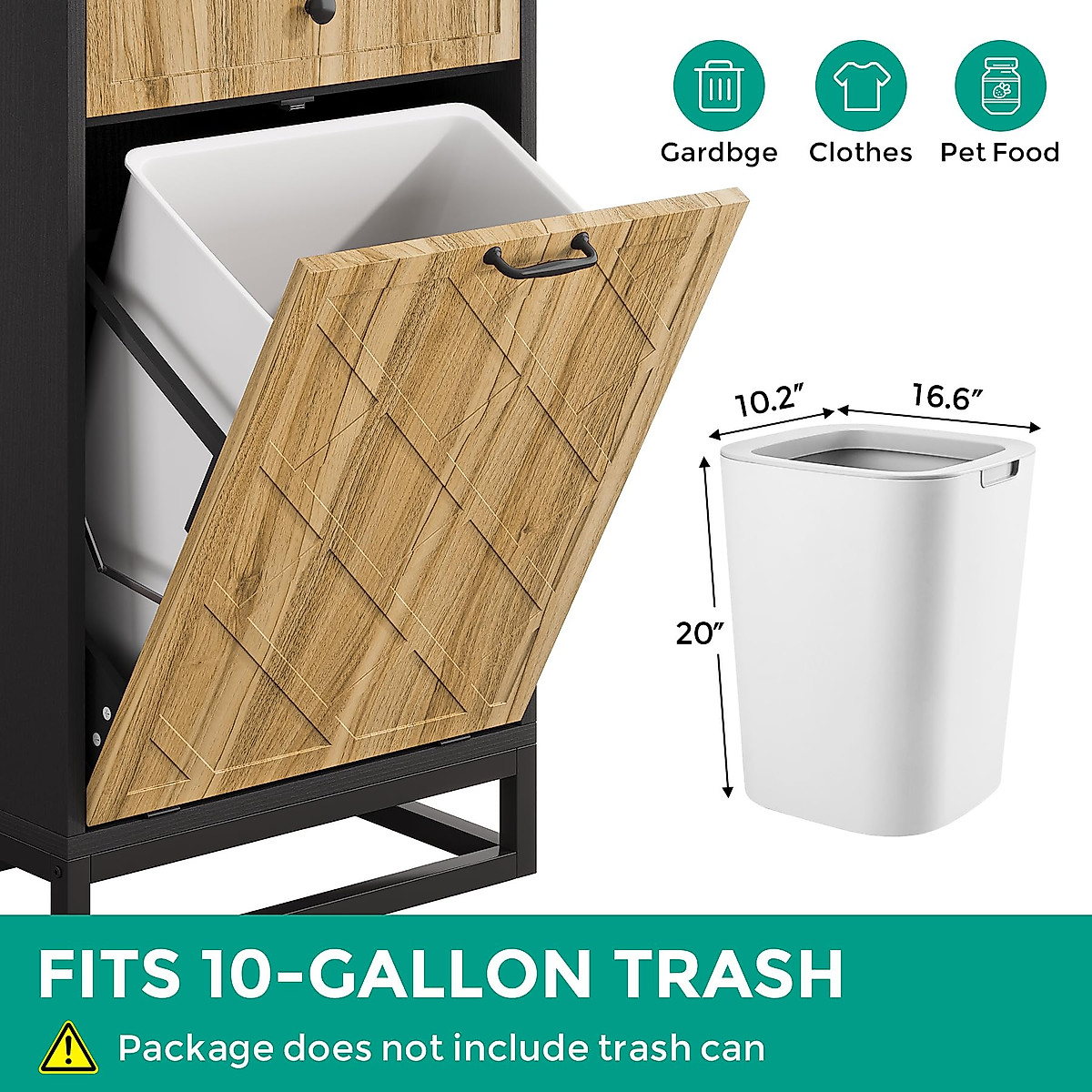 Condemo Tilt Out Trash Can Cabinet, 10 Gallon Trash Bin Cabinet with Drawer, Modern Recycling Storage Cabinet for Kitchen, Dining Room, Laundry, Brown and Black (No Trash Can)