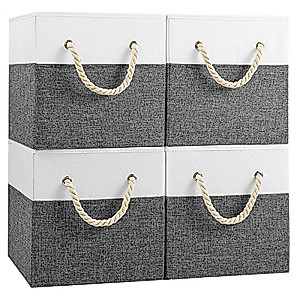 Yawinhe Collapsible Storage Basket 4-Pack, Open Storage Cube Bins with Thick Rope Handles, for Organizing, Shelves, Toys, Clothes, Office, 12.6x12.6x12.6in, White/Grey, SNK033WG-4