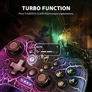 Tenvoonl Wreless Switch Controllers, Hand-held units for playing electronic games with 10-Color Adjustable LED Lights/Unique Appearance/Adjustable Vibration/Turbo(Black)