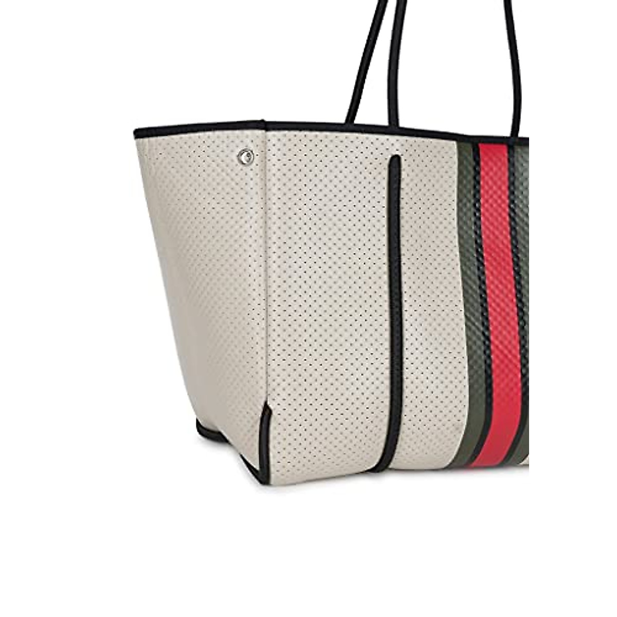 Haute Shore - Greyson Roma Neoprene Tote Bag w/Zipper Wristlet Inside, Beige W/Olive, Black, & Red Stripe
