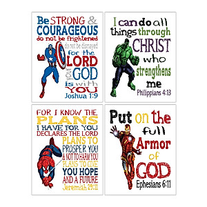 Superhero Christian Nursery Set of 4 Unframed Prints - Captain America, Hulk, Ironman and Spiderman with Bible Verses