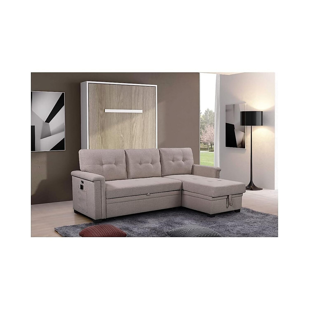 Lilola Home Ashlyn Light Gray Reversible Sleeper Sectional Sofa with Storage Chaise, USB Charging Ports and Pocket
