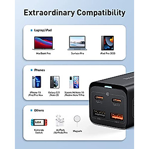 USB C Charger, Baseus 65W PD GaN3 Fast Wall Charger Block, 4-Ports [2USB-C + 2USB] Charging Station with 5ft AC Cable for MacBook Pro/Air, USB-C Laptop, iPhone 13/12, iPad Pro, Samsung Galaxy, etc