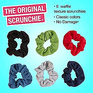 Scunci by Conair The Original Scrunchie Waffle Knit Scrunchies in Navy, White, Red, Blue, Grey and Black, Hair Ties for Women, 6 Count