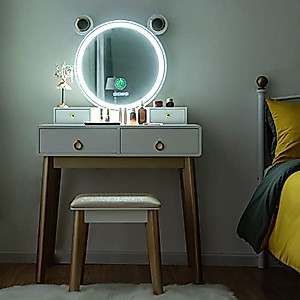 CHARMAID Vanity Set with Lighted Mirror, 3 Color Touch Screen Dimming Mirror with Display, 4 Drawers with Jewelry Organizer, Bedroom Makeup Dressing Table with Cushioned Stool