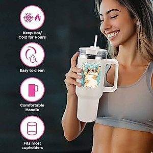 LB LEOBON 40 ounce insulated cup with handle, double-layer vacuum stainless steel material, equipped with straw, can keep warm or maintain cold drinks Leisure Cats Art Cowboy Blue