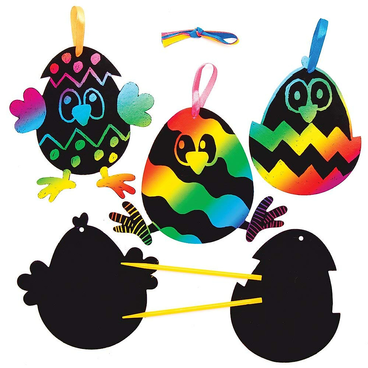 Baker Ross AT419 Easter Chick Scratch Art Ornament Kit - Pack of 10, Blank Egg Designs to Scratch Art for Kids Bright Colored Designs