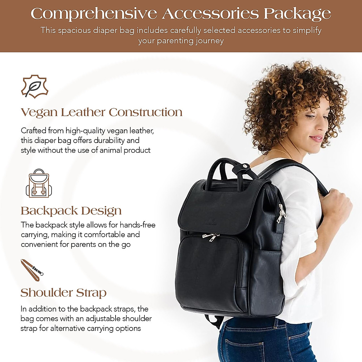 Citi Collective Explorer Black Diaper Bag Backpack - Vegan Leather Diaper Bag with Shoulder Strap, Insulated Bottle Pockets, Changing Pad, Stroller Clip- Versatile Diaper Bag for Baby