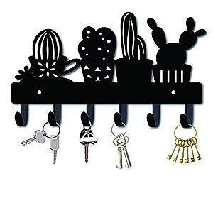 CREATCABIN Cactus Key Holder Metal for Wall Mounted Black 10.6" x 6.3" Keys Hanger 6 Hooks Decorative Welcome Home Sign Key Hanging Rack for Bathroom Door Kitchen Bedroom University Dormitory