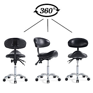 MWOSEN Saddle Stool Chair with Back Rolling Esthetician Seat for Salon Tattoo Shop Spa Facial lash Home Dentist Clinic Esthetician Chair(with Back Support, Black)