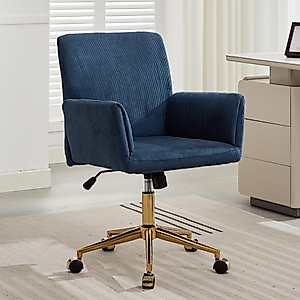Stripes Velvet Home Office Desk Chair Accent Upholstered Modern Height Adjustable 360° Armchairs with Gold Base for Women Girls Ergonomic Study Seat Computer Task Stools for Living Room（Navy Blue）
