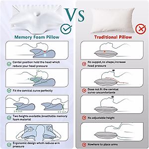 TailsUp Cervical Neck Pillow Neck Pain Relief, Adjustable Ergonomic Memory Foam Pillow for Neck and Shoulder Pain Relief, Bed Contour Support Pillows for Side Sleepers, Back & Stomach Sleepers